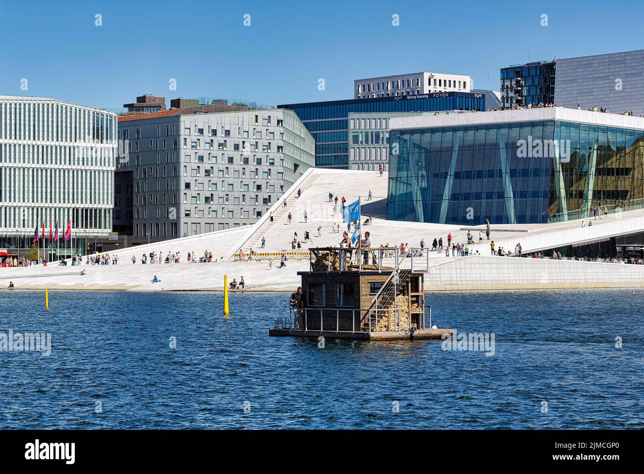 Sauna boat, floating sauna in front of the opera in summer, modern ...