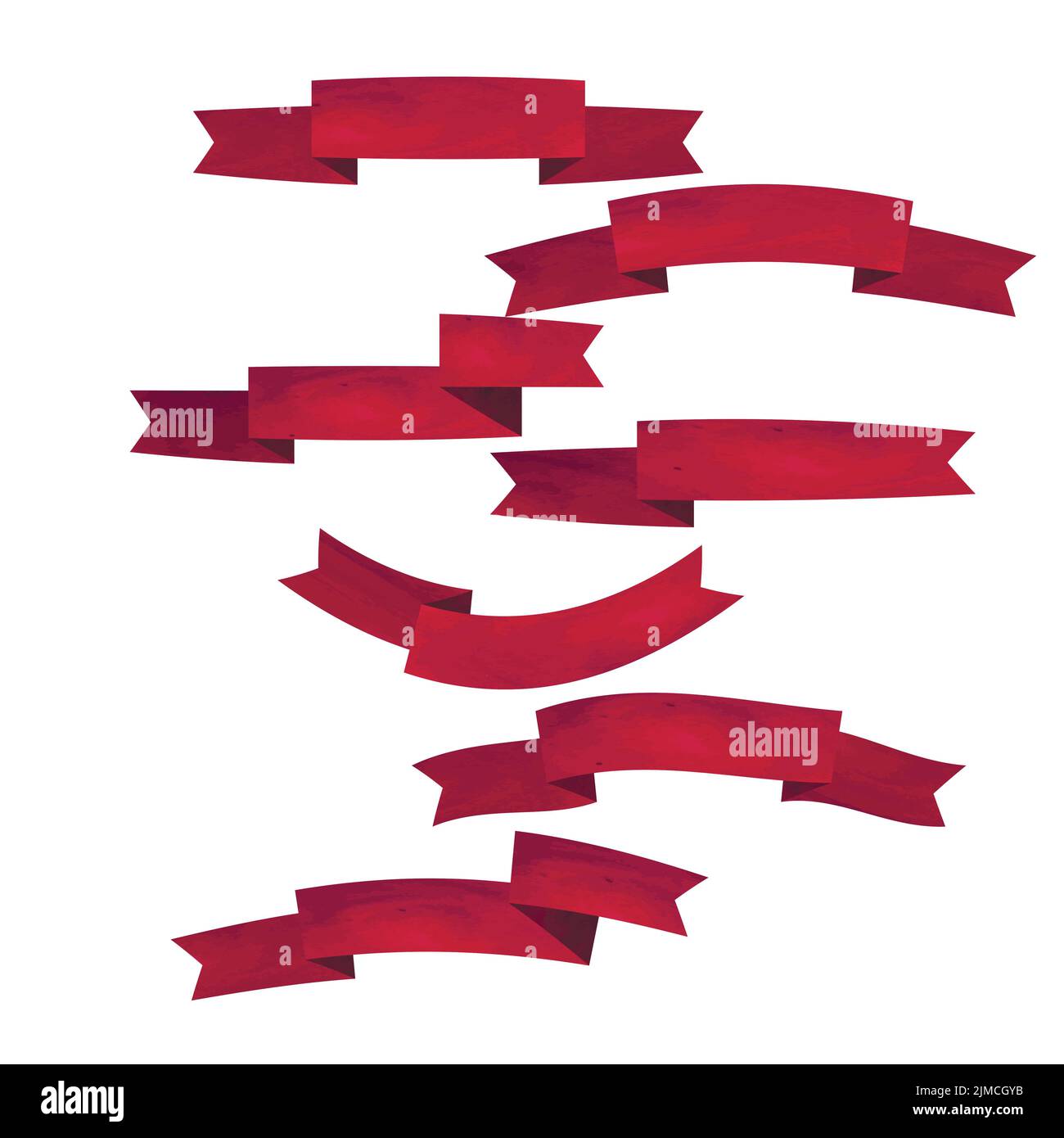 Set of red flat ribbons isolated on white background. Ribbon banner ...