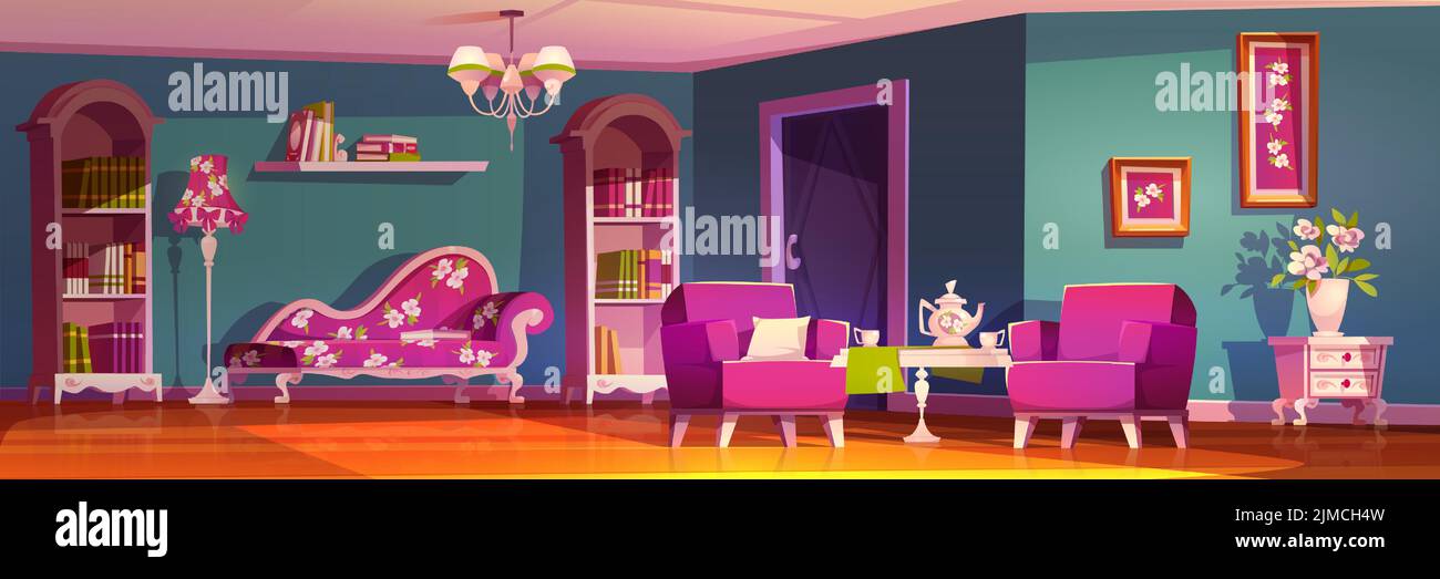 Living room interior in cute princess style, elegant pink furniture ...