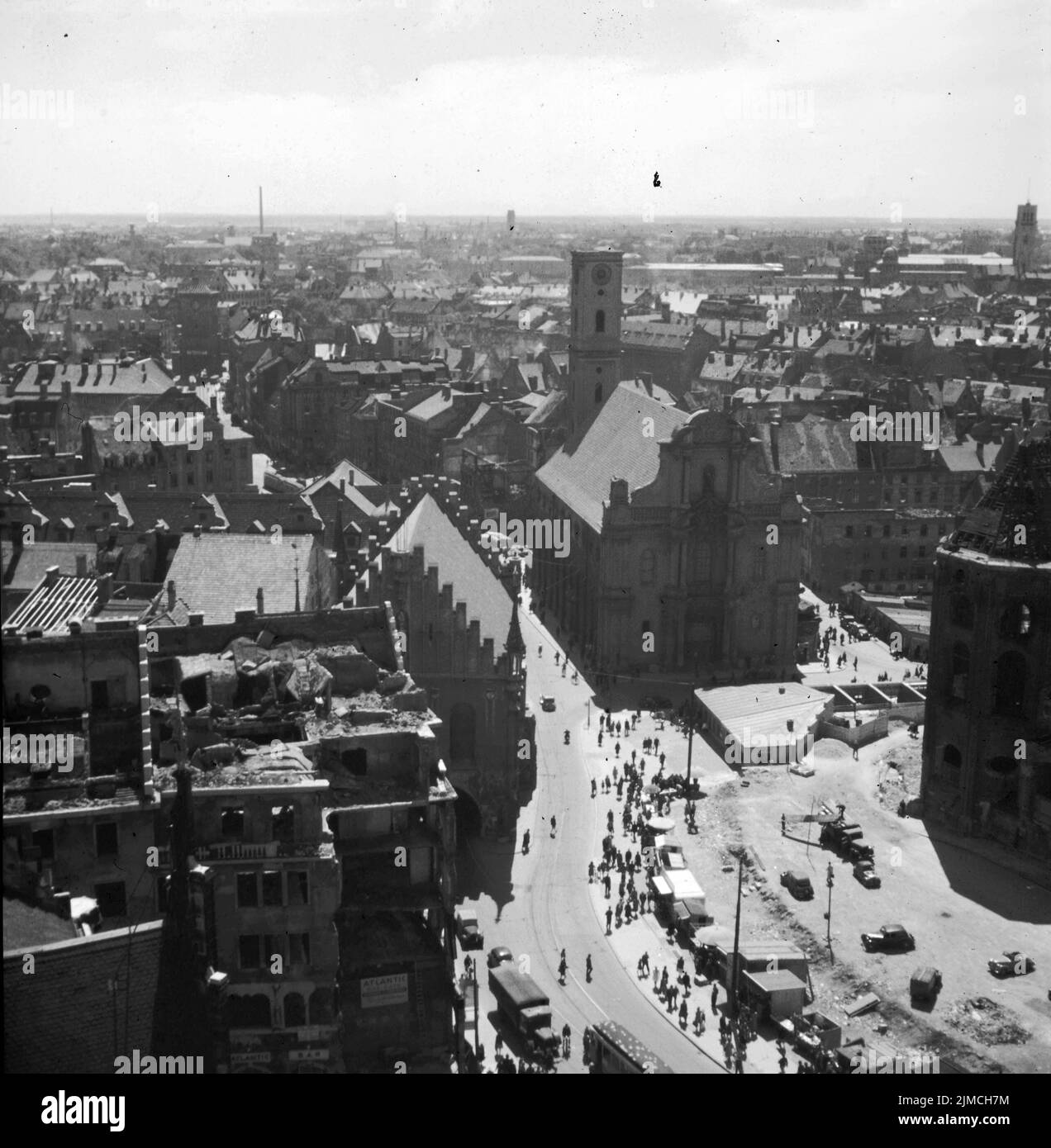 Circa 1950, Munich, Germany: Munich car park bombed site during WWII as ...