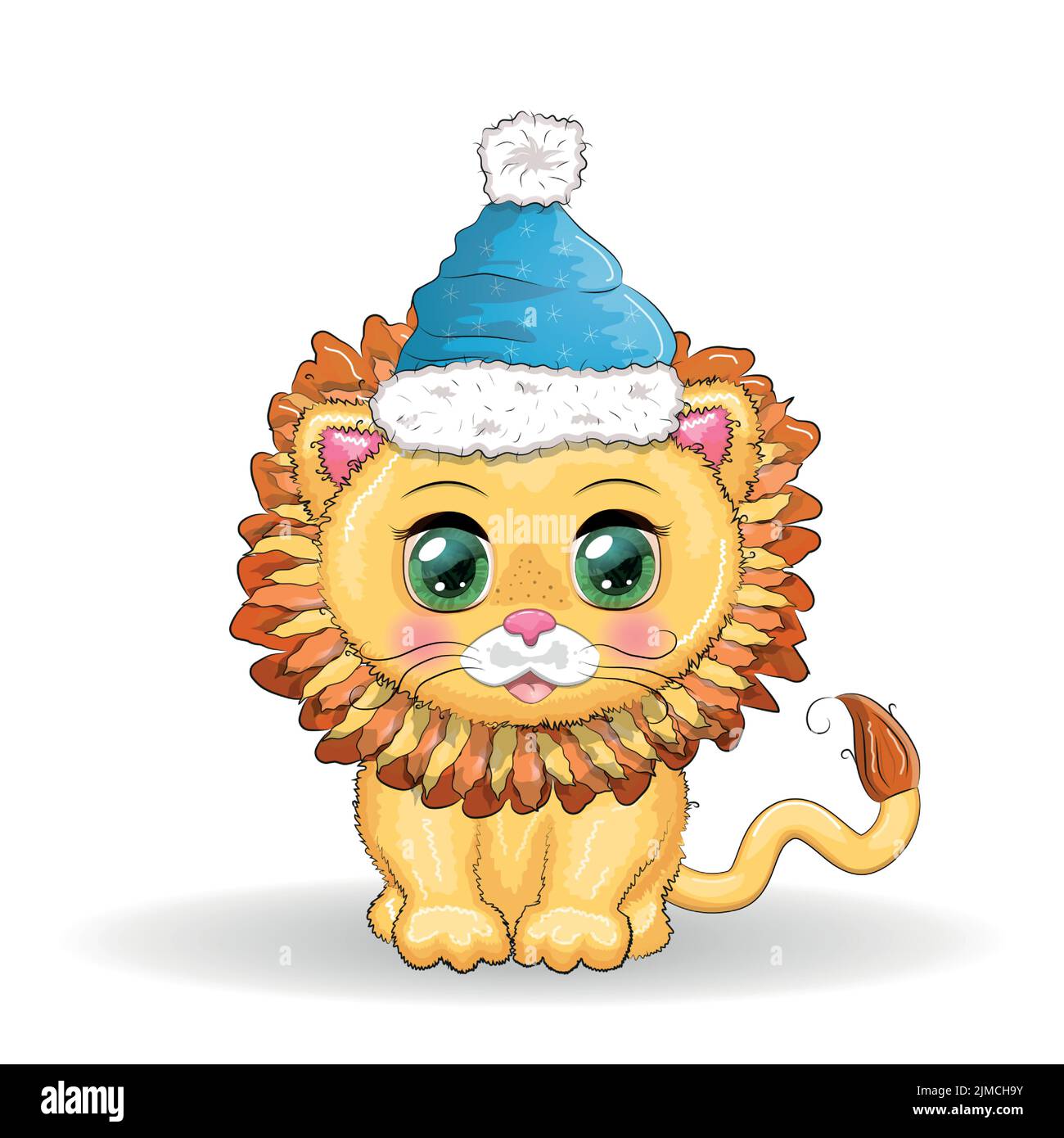Wonderful cute cartoon lion cub with a gift, candy cane. Isolated ...