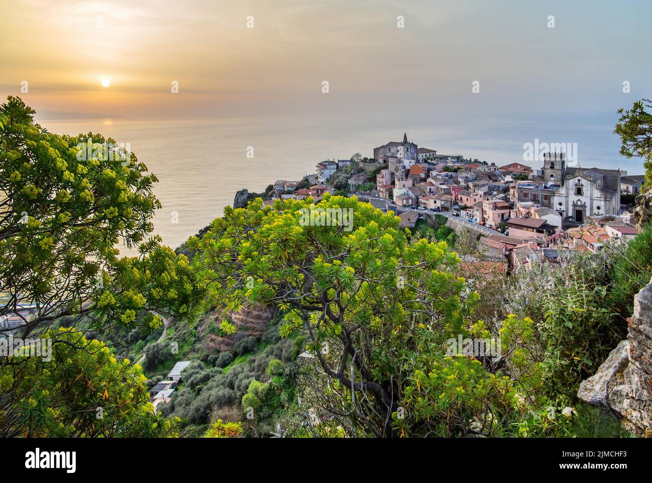 Panorama of the village over the sea at sunrise, Forza d Agro, east ...