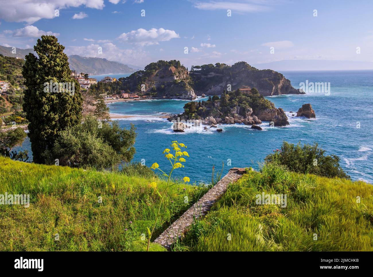 Coastal landscape with Isola Bella in spring, Taormina, east coast ...