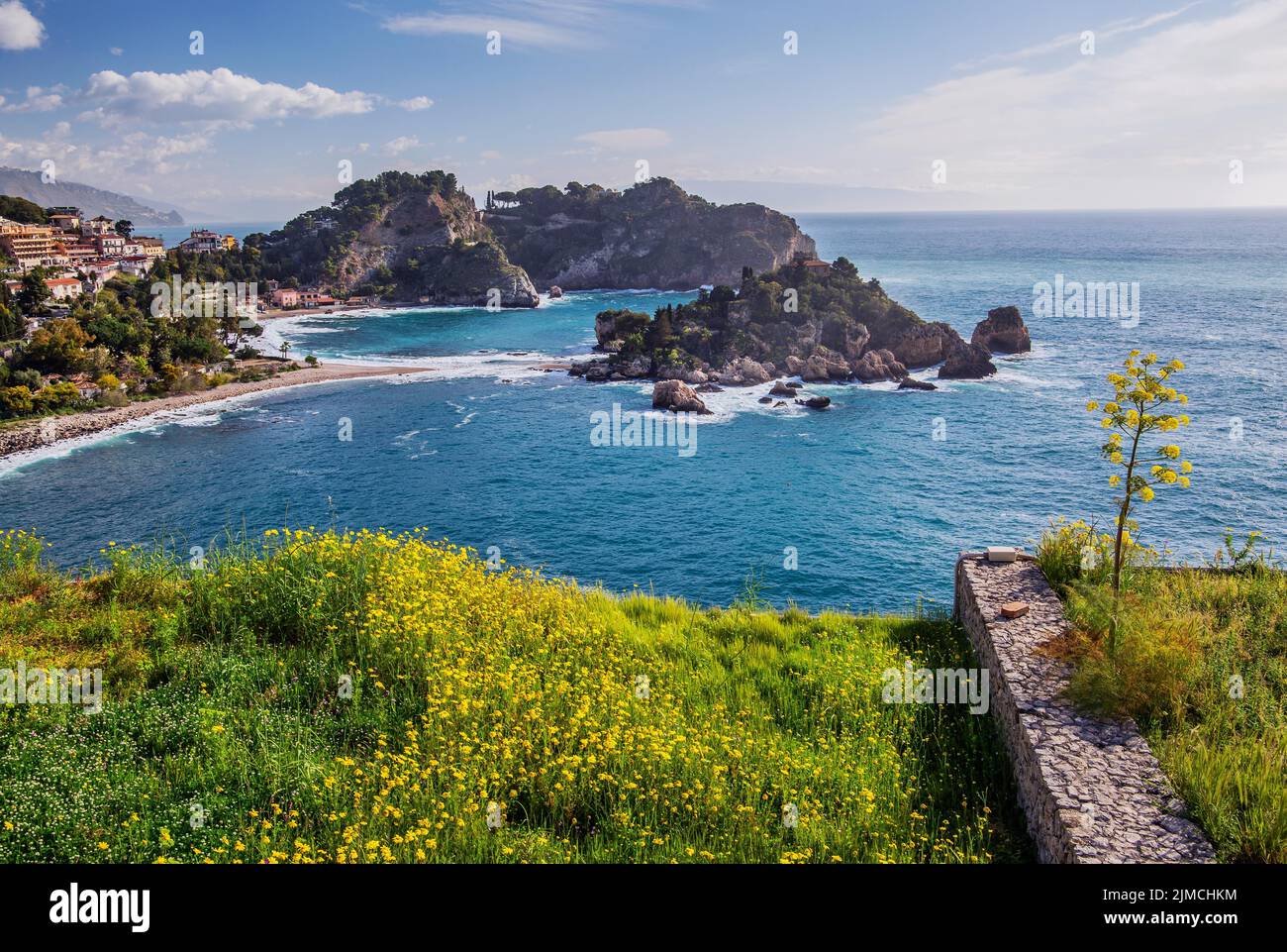 Coastal landscape with Isola Bella in spring, Taormina, east coast ...