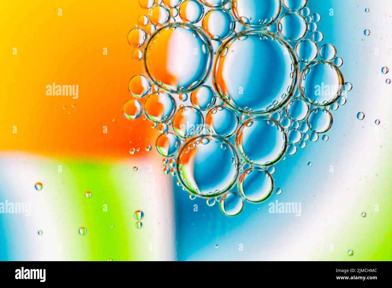 Abstract Background of Oil Bubbles on Water Surface cyan orange green ...