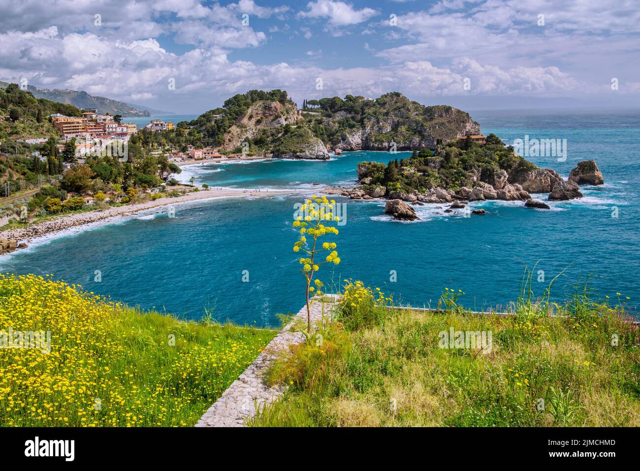Coastal landscape with Isola Bella in spring, Taormina, east coast ...
