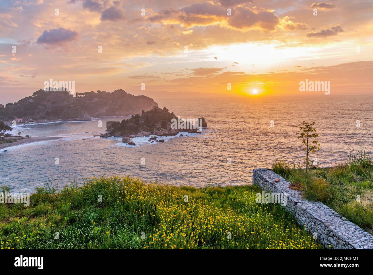 Coastal landscape with Isola Bella in spring at sunrise, Taormina, east ...