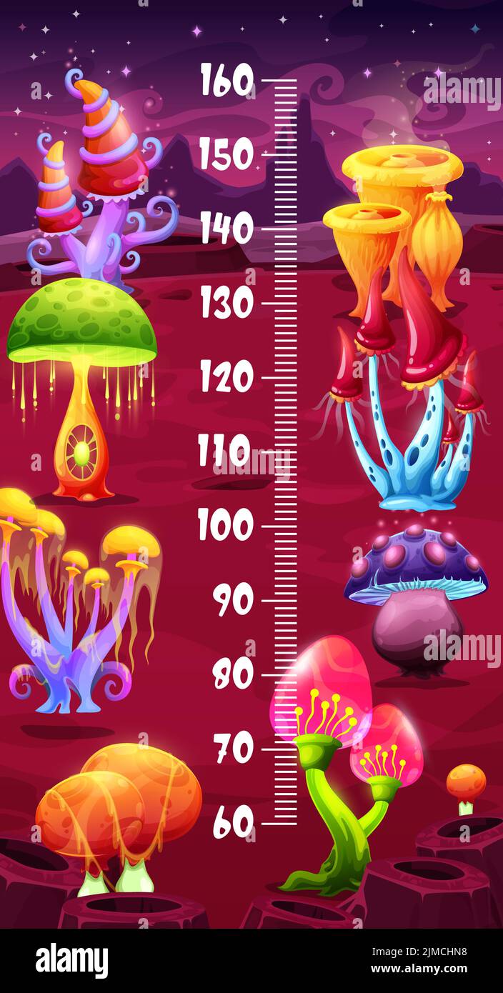 Kids height chart, fantasy magic mushrooms on space planet, vector ...