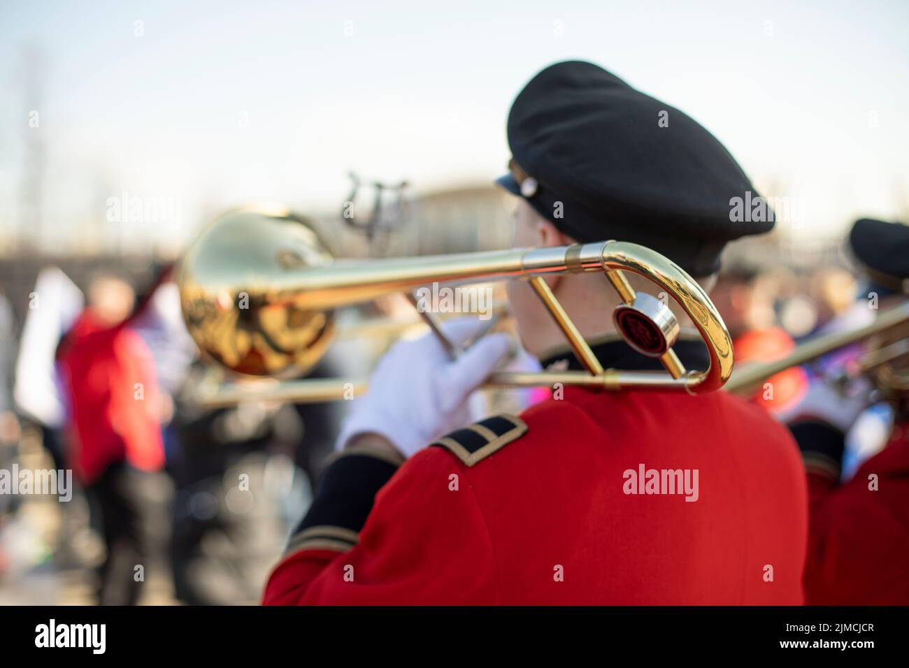 Trumpeter in Russia. Military band. Musical instrument. Guy blows pipe ...