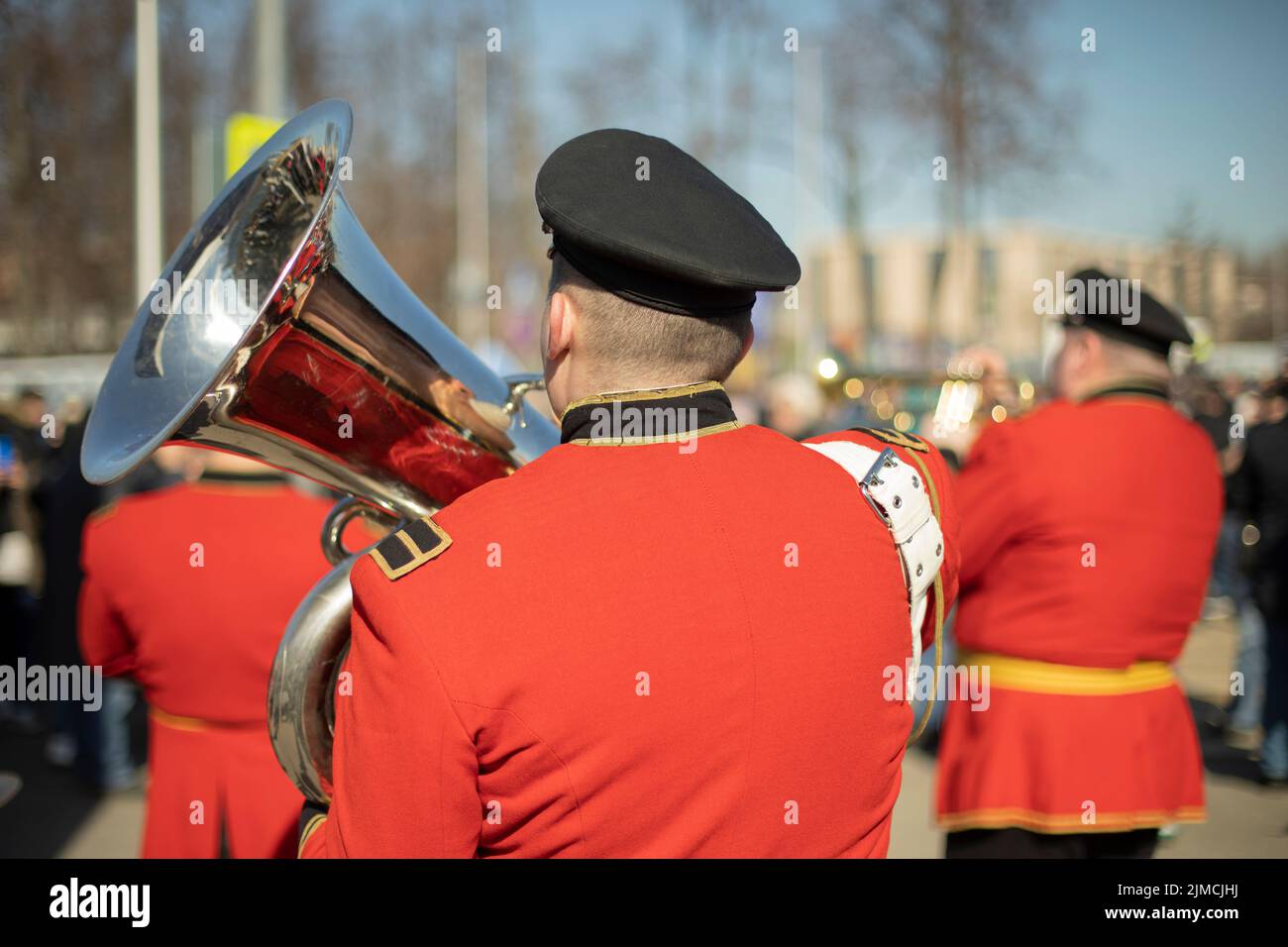 Trumpeter plays in orchestra. Musician with wind musical instrument ...