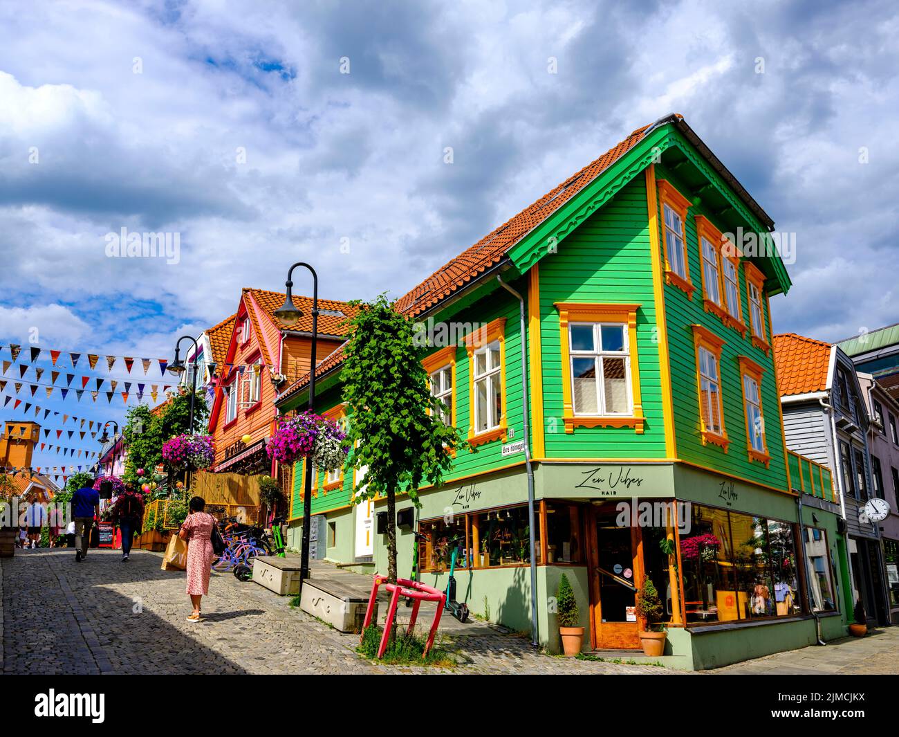 Colourful wooden house with pedestrian zone, Stavanger, Rogaland ...