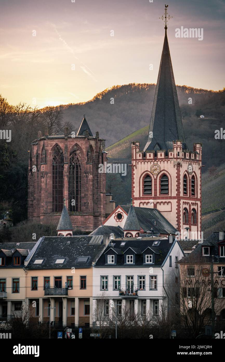 Sunset over the Rhine and the town panorama ofi Bacharach am Rhein ...