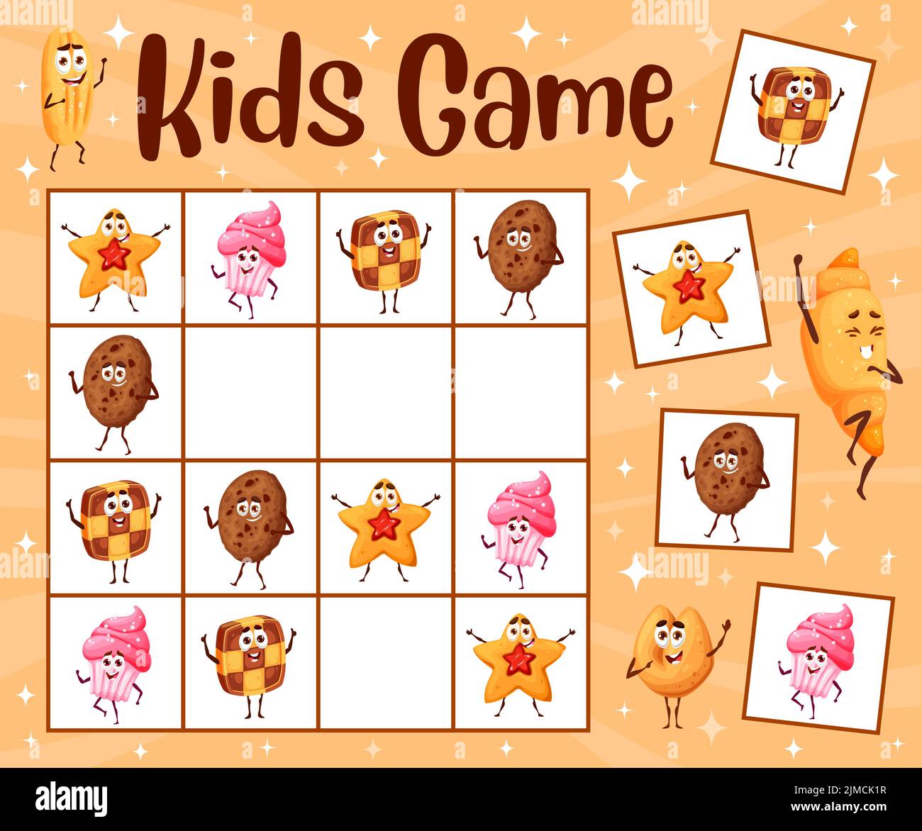 Sudoku game worksheet, cartoon bakery and cookies characters, vector ...
