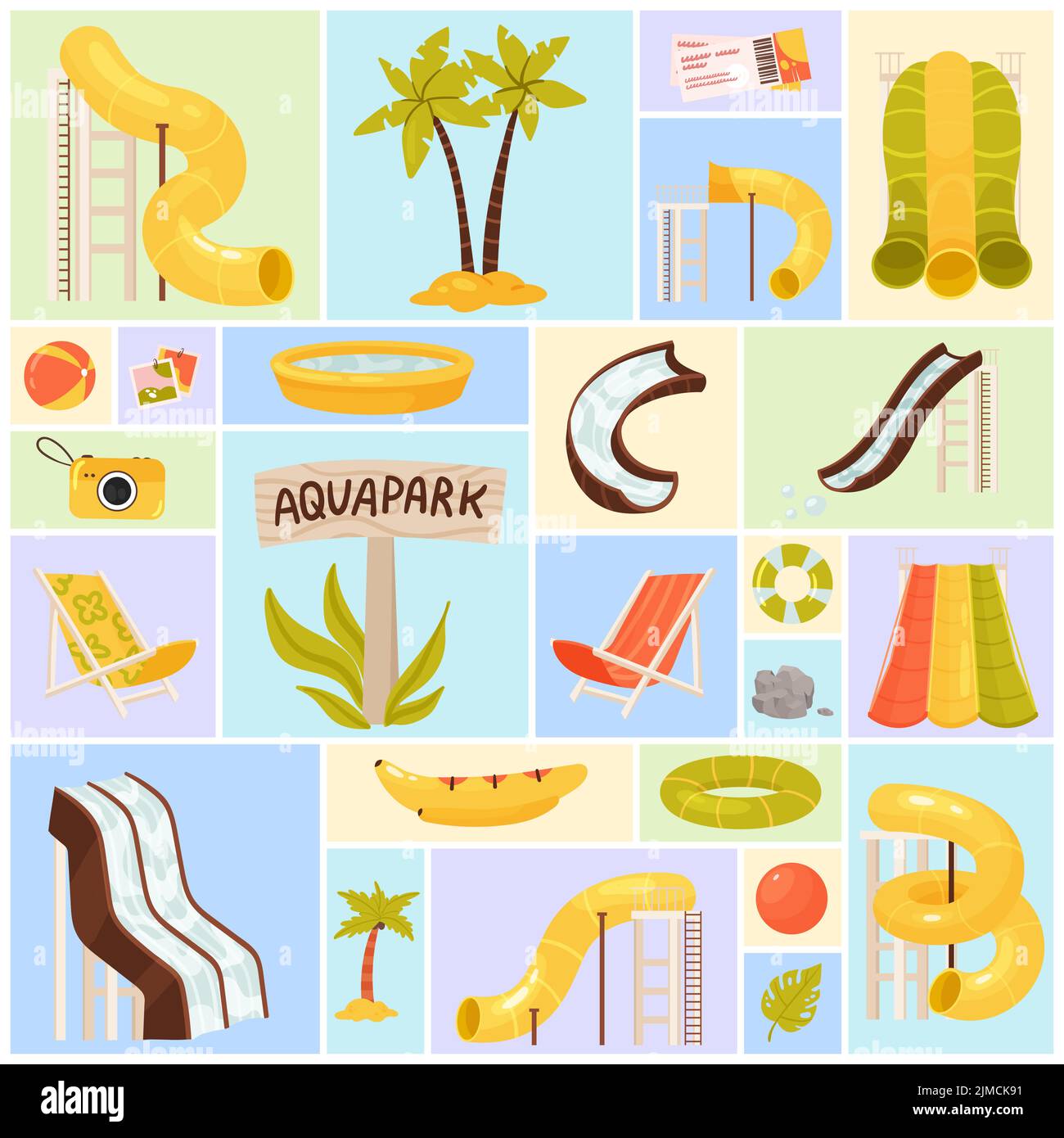 Aquapark Set Vector Illustration Cartoon Water Slides Plastic Tubes