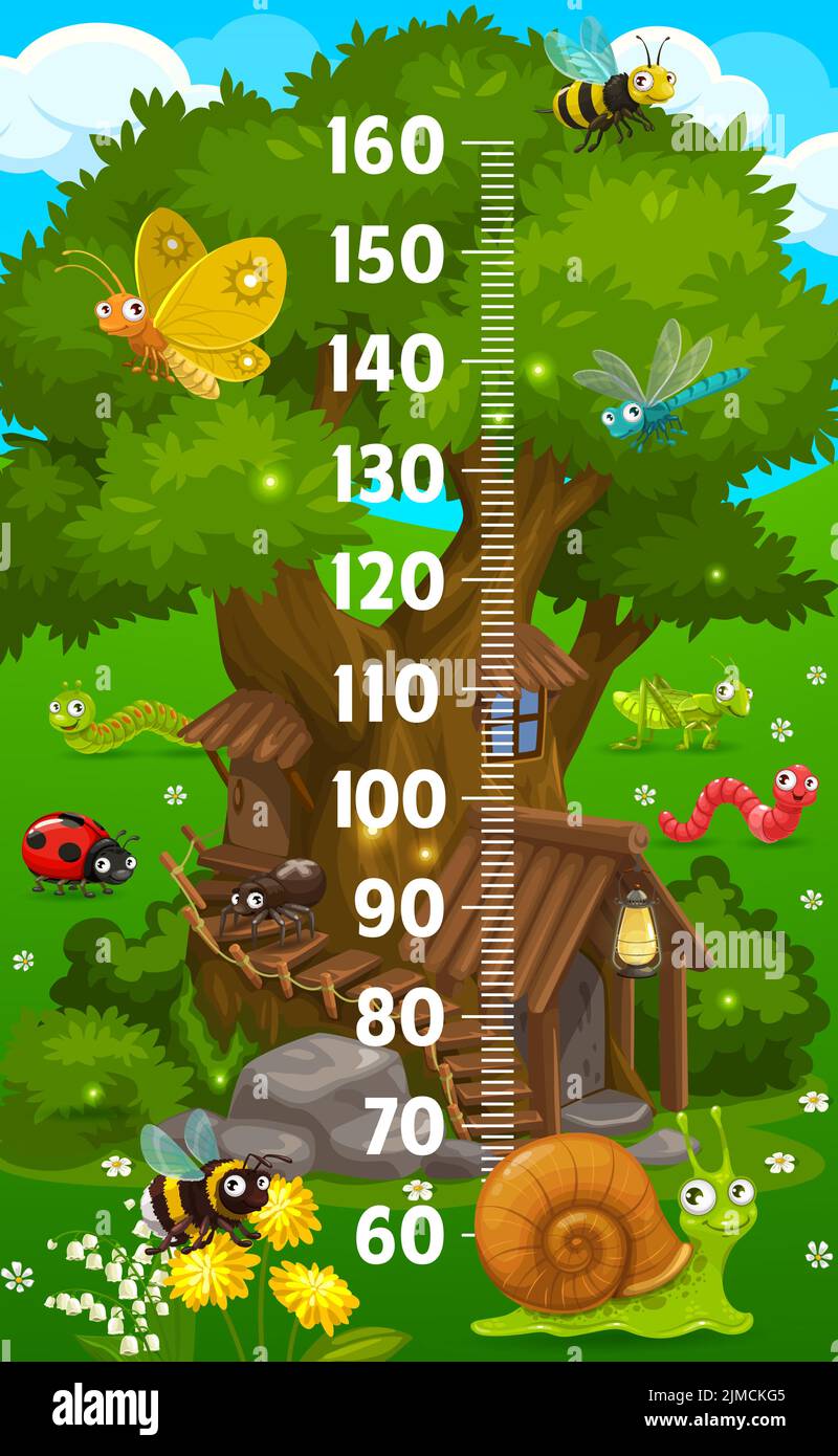 Cartoon insect characters and oak tree house, kids height chart growth ...