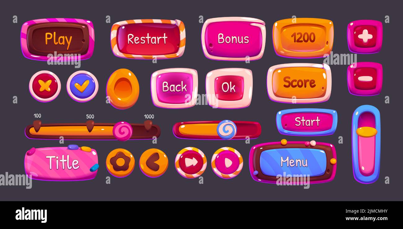 Glossy game buttons, boards and bars with candy and chocolate texture ...