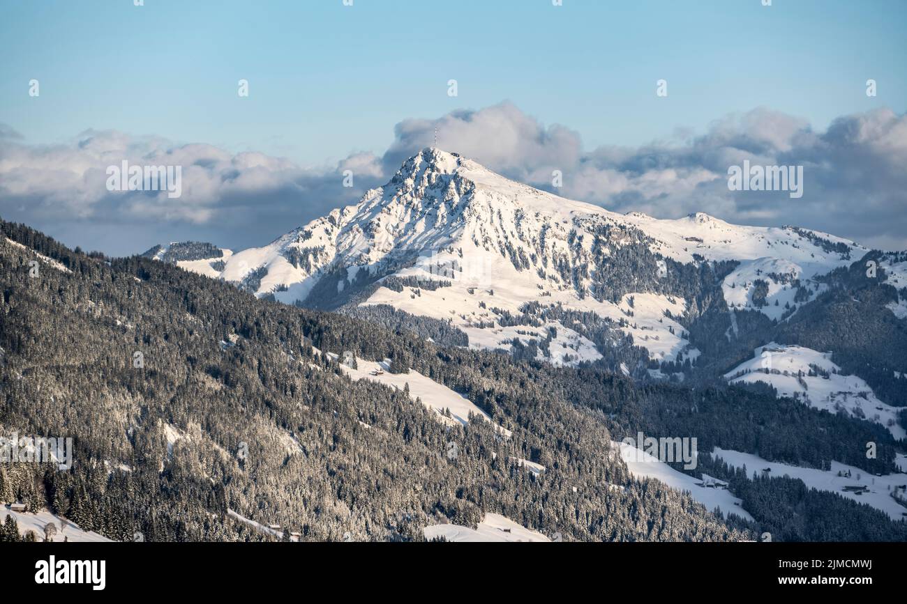 View of the Kitzbueheler Horn, Alps in winter with snow-covered ...