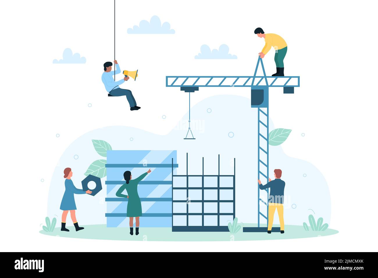Process of building modern skyscraper at construction site vector ...