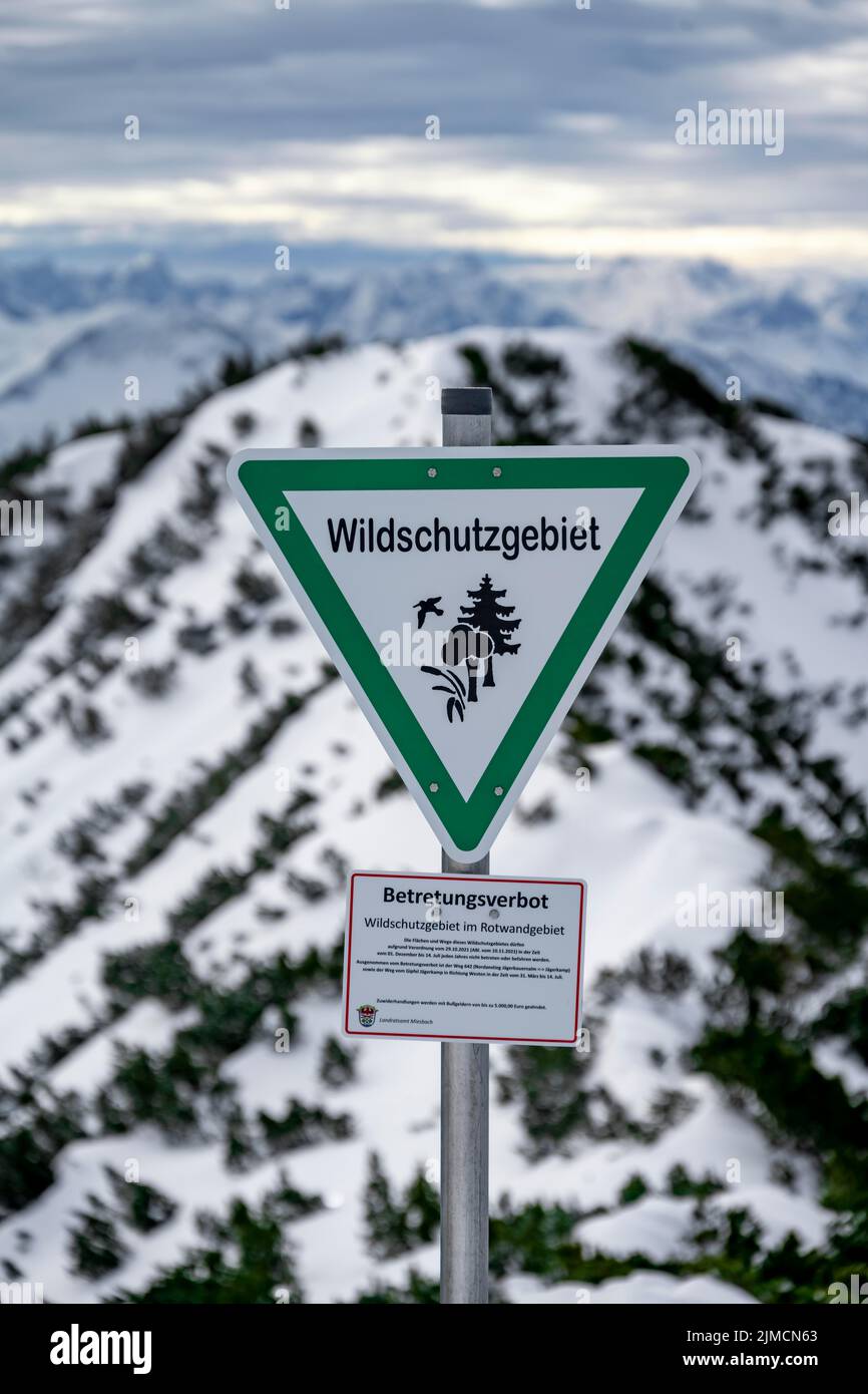 Game reserve, sign in winter, Bavaria, Germany Stock Photo - Alamy