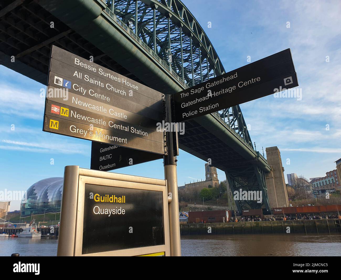 Street signs under the Tyne Bridge at Newcastle Gateshead Quayside ...