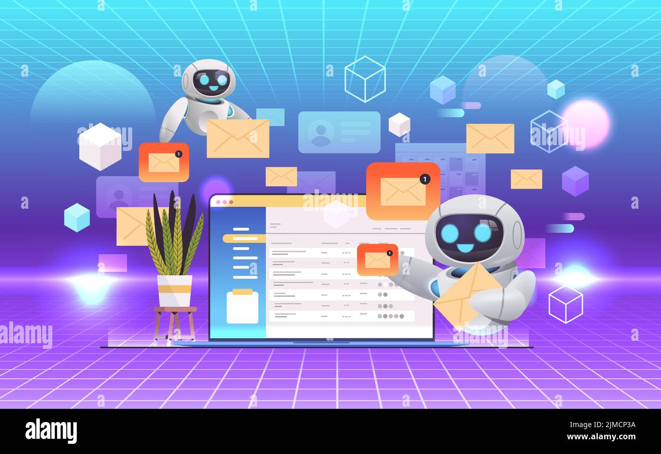 robots reading or writing letters on laptop screen robotic character ...