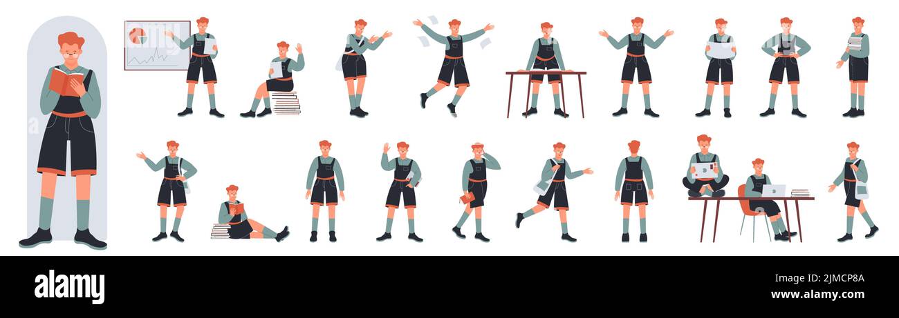 Male student character poses in side, front and back view set vector ...
