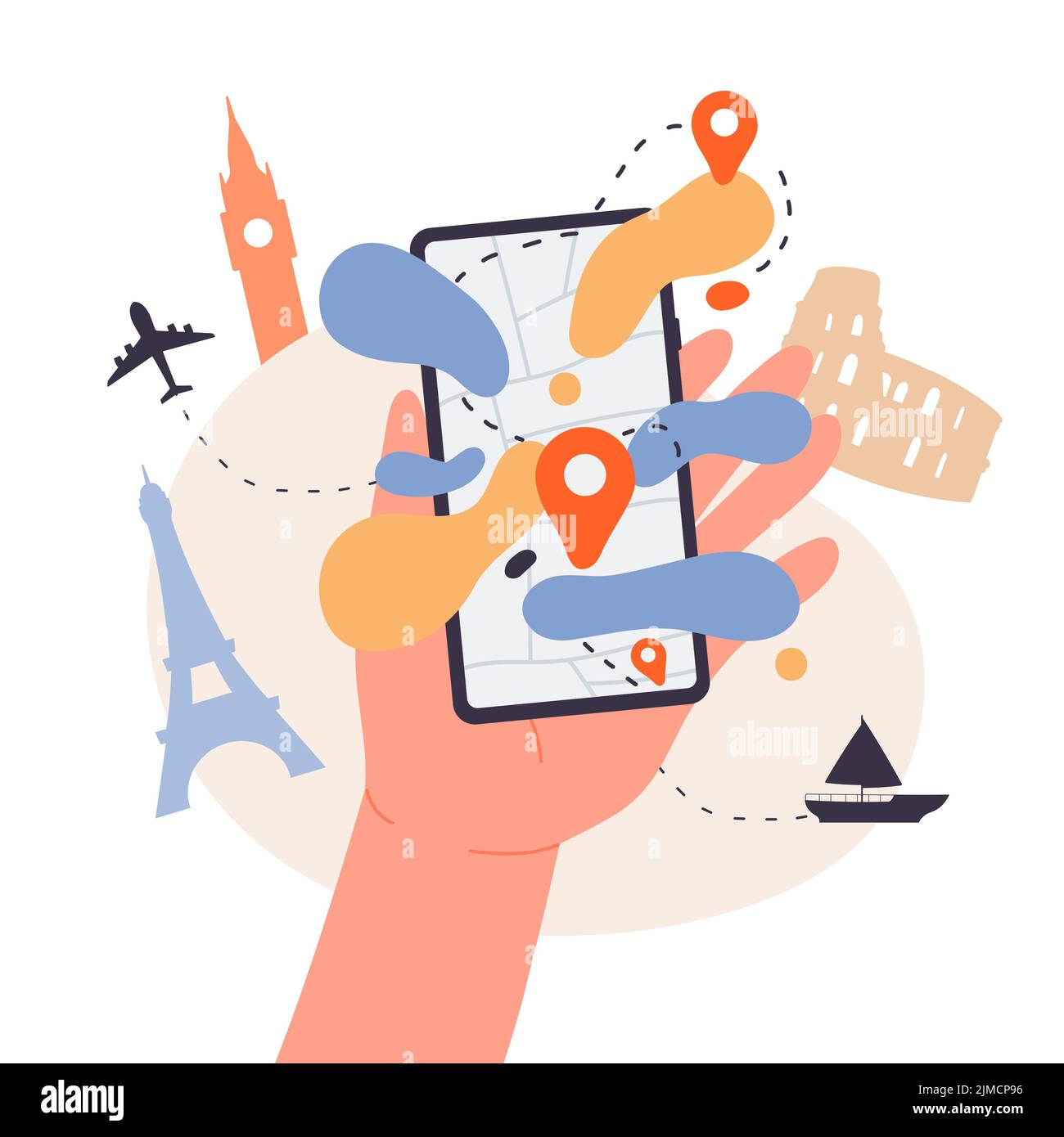 Virtual guide app for travel destination search. Cartoon tourists hand ...