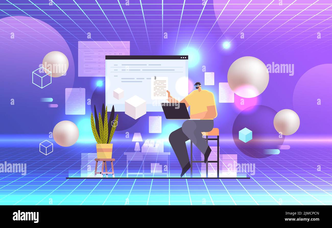 man article editor in virtual reality glasses writing publicity post ...