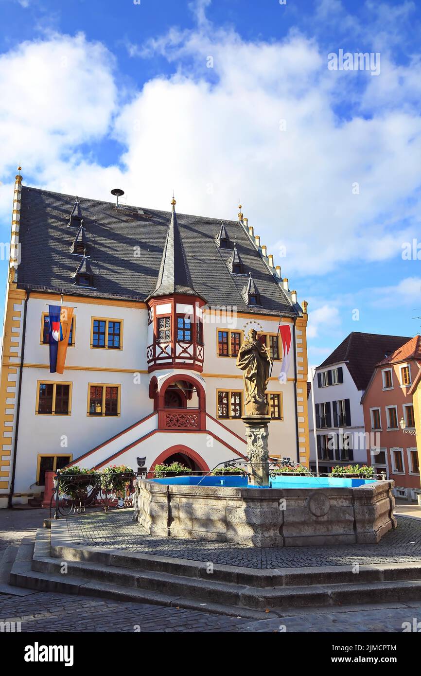 The town hall on the market square in Volkach. Volkach, Kitzingen ...