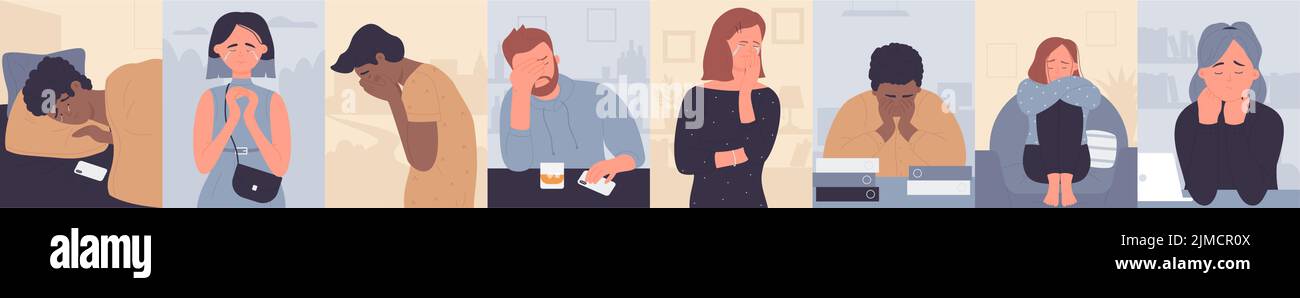 Sad depressed people set vector illustration. Cartoon lonely man and ...