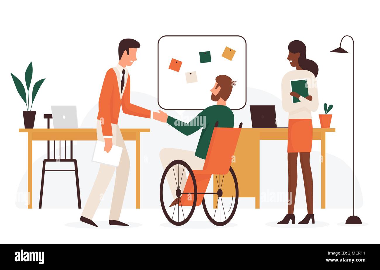 Entrepreneur greeting man with disability on job interview. Cartoon ...