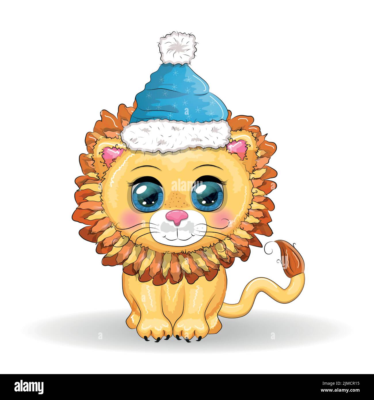 Wonderful cute cartoon lion cub with a gift, candy cane. Isolated ...
