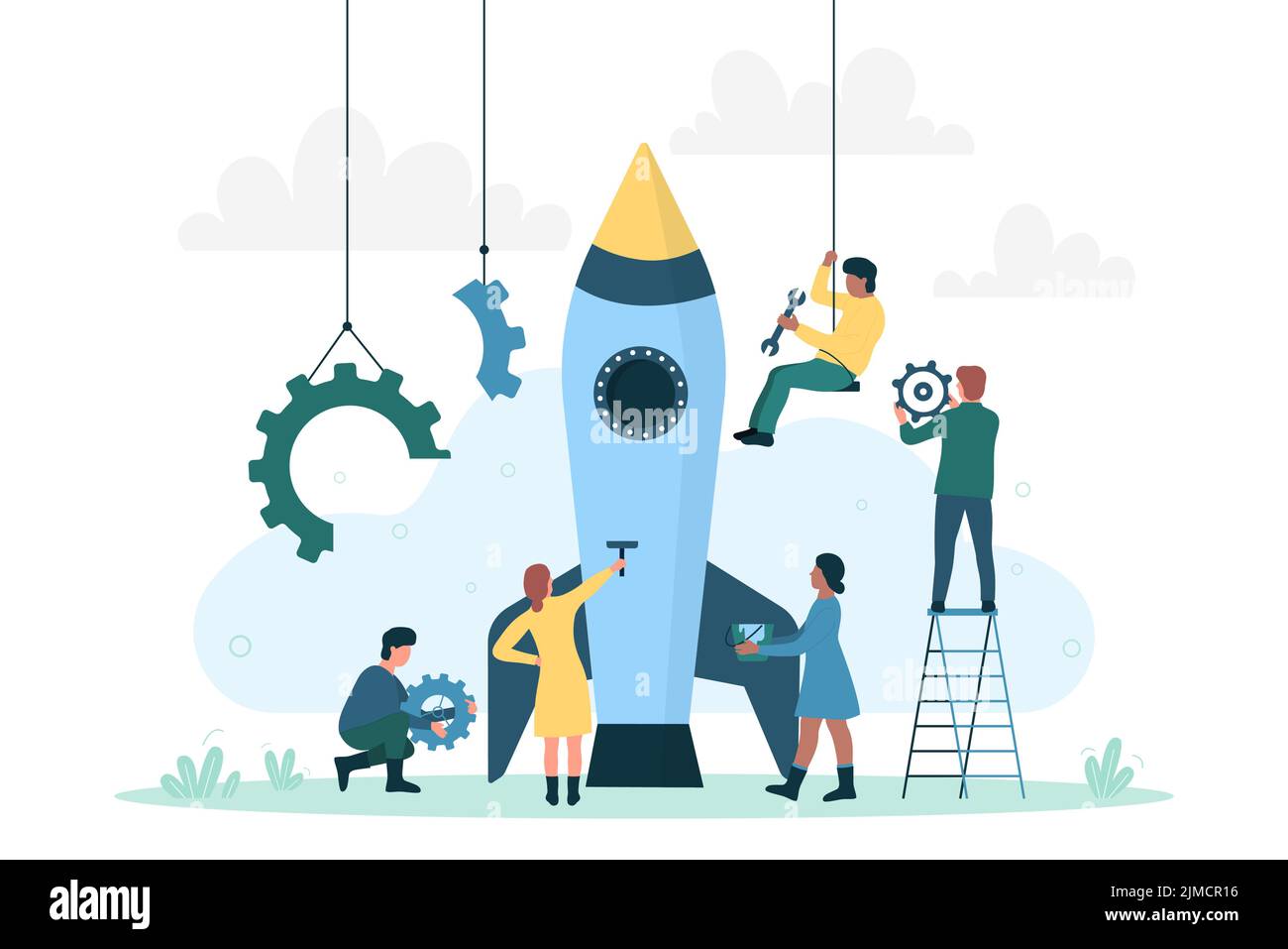 Rocket launch, teamwork of business people on new product startup. Cartoon tiny entrepreneurs ...
