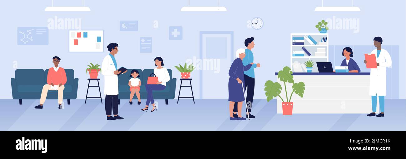 Reception hospital room with visitors, doctor and nurse receptionist ...