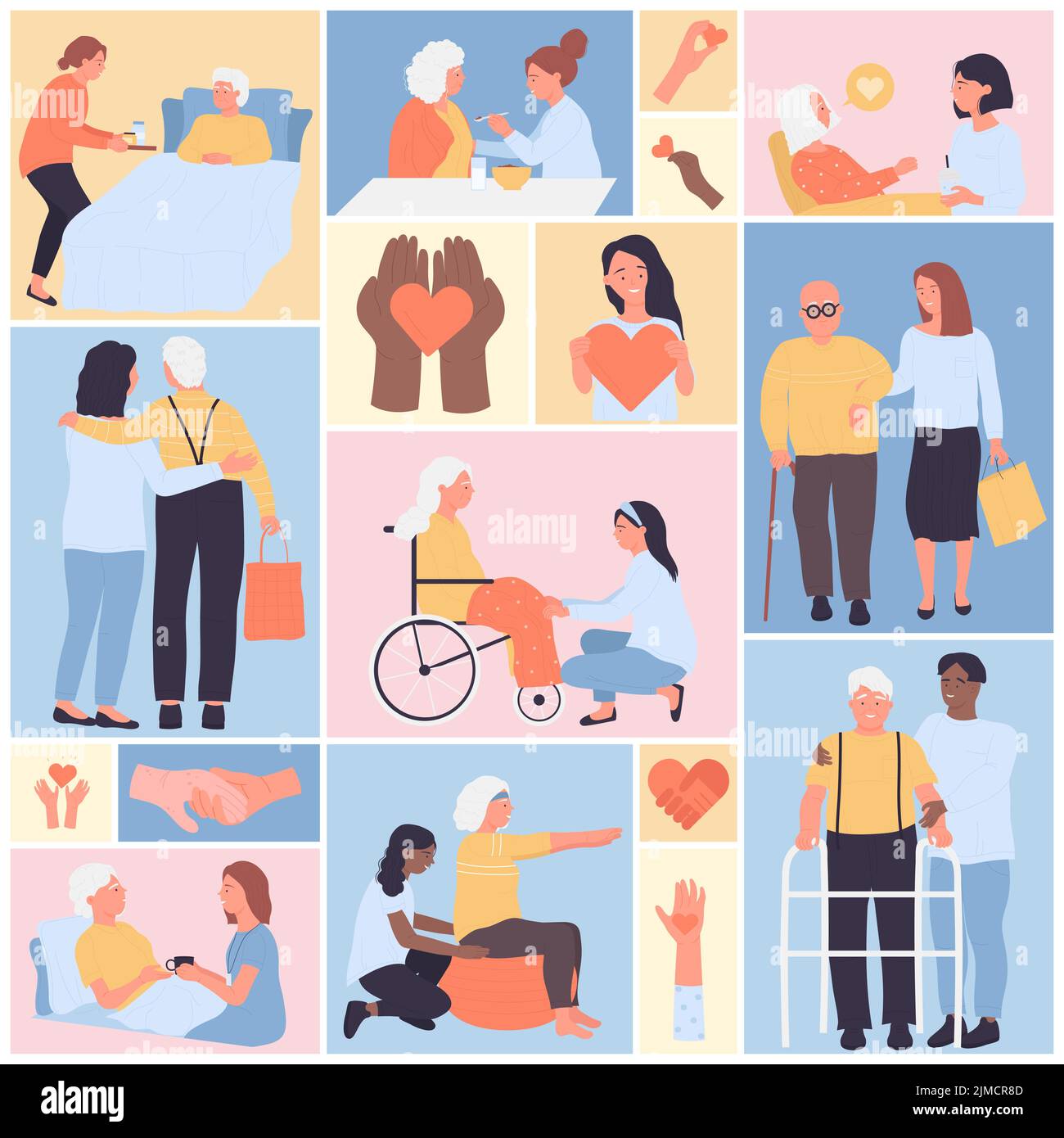 Volunteers help elder people set vector illustration. Cartoon young ...