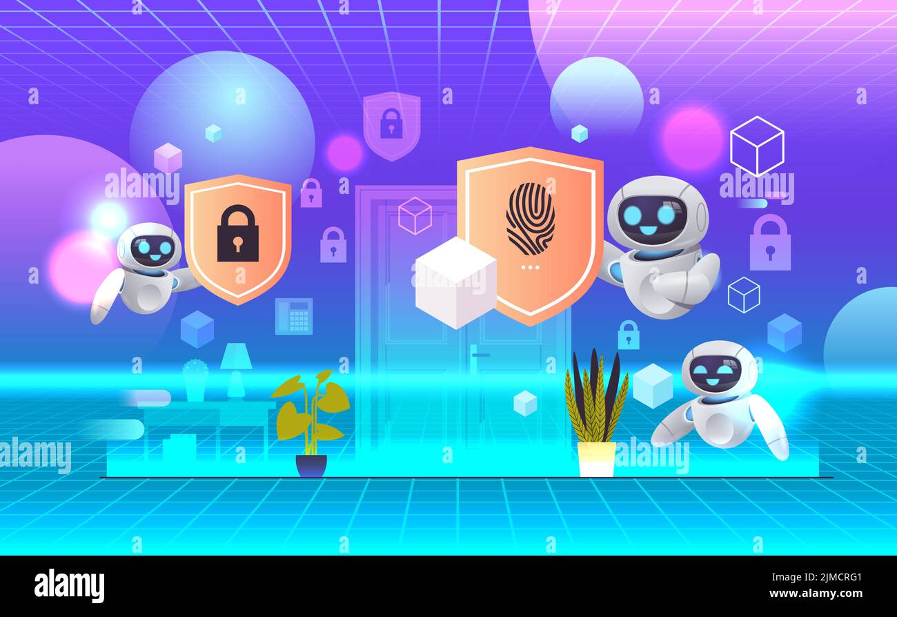 robots holding shields with padlock and fingerprint web data security ... robots holding shields with padlock and fingerprint web data security ...