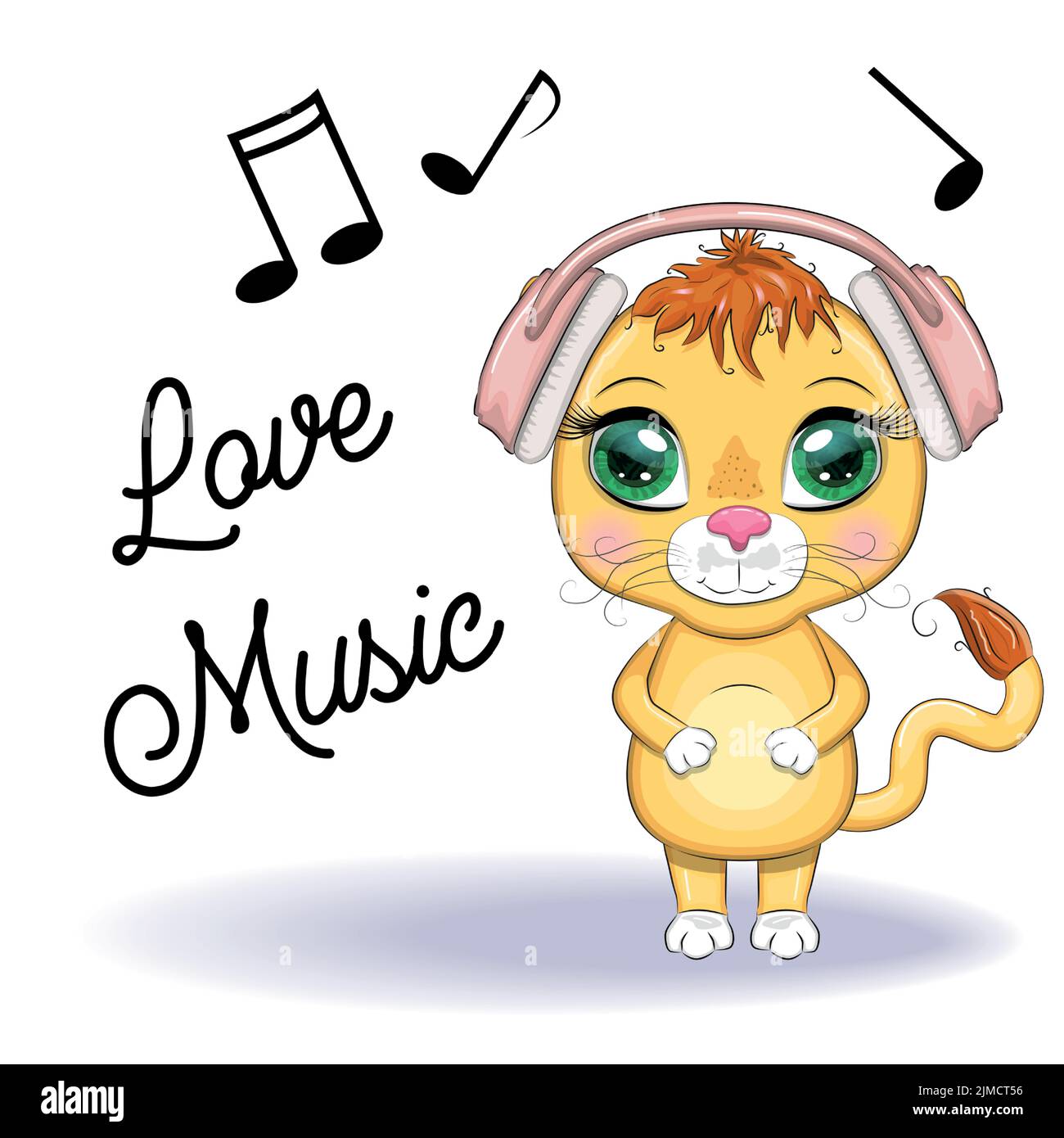 Cute cartoon Lion with headphones, listens to music, note, treble clef ...
