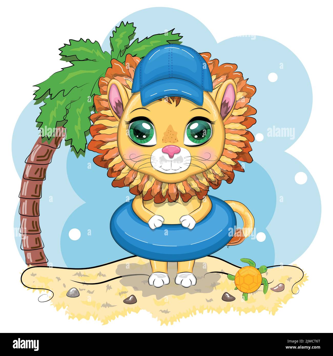 Cartoon lion in flippers, swimming circle, hat, glasses. Character with ...