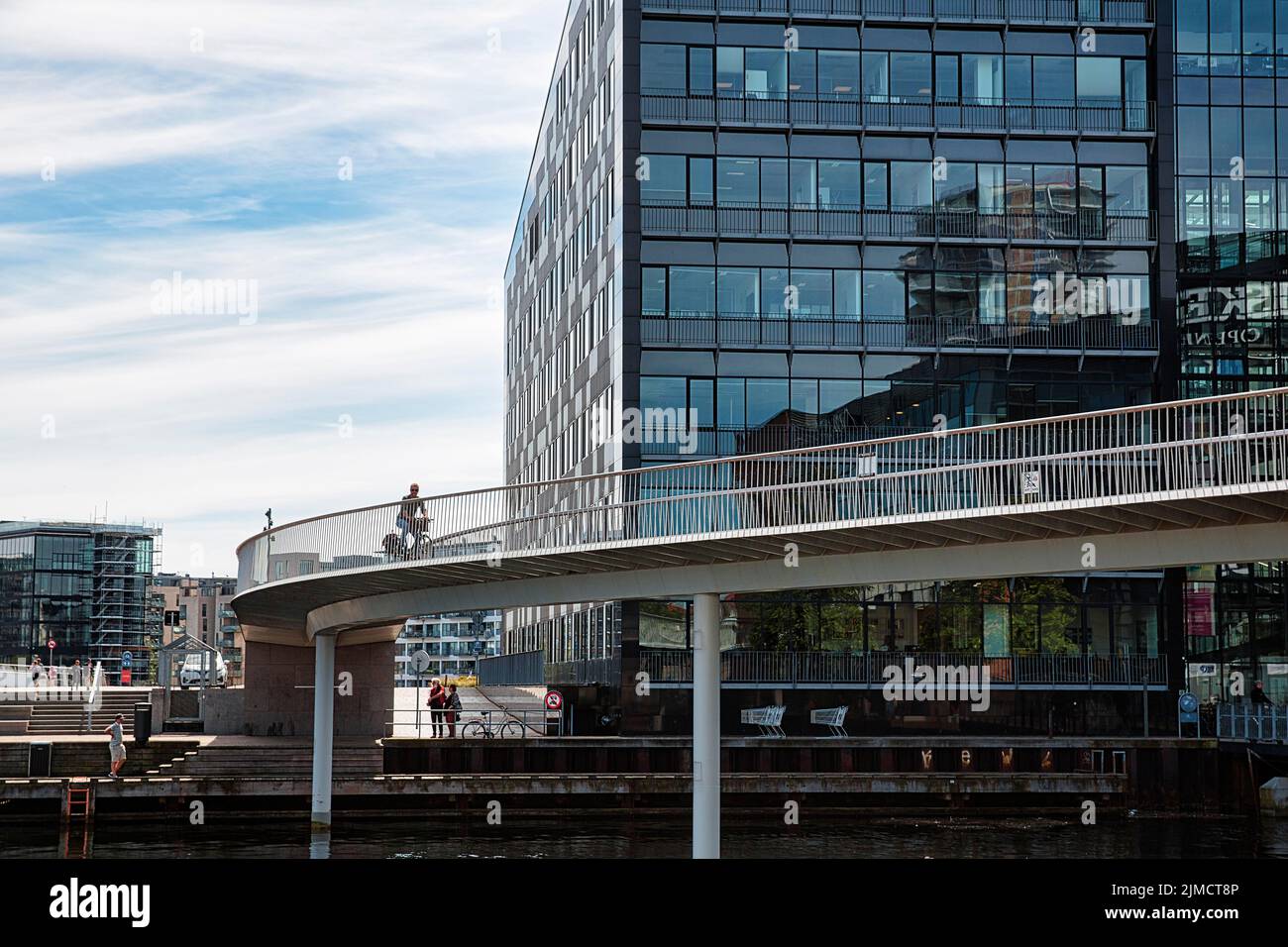 Cyclists on bridge over inner harbour basin, Cykelslangen bicycle ...