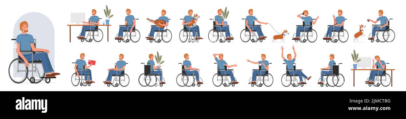 Active male character male with disability poses set vector ...