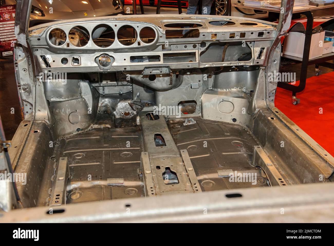 Gutted interior of stripped body without paint for restoration ...