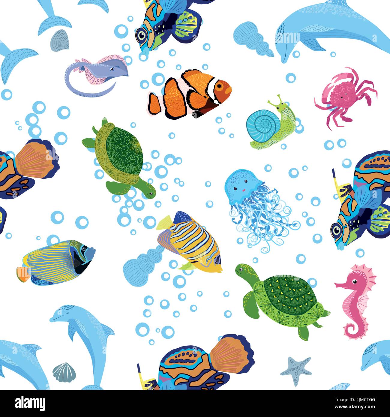 Sea inhabitants seamless pattern, beautiful character among seashells ...
