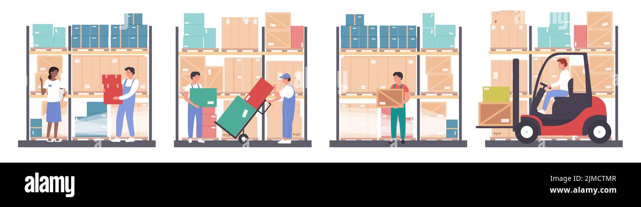 Factory warehouse with workers set vector illustration. Cartoon people ...