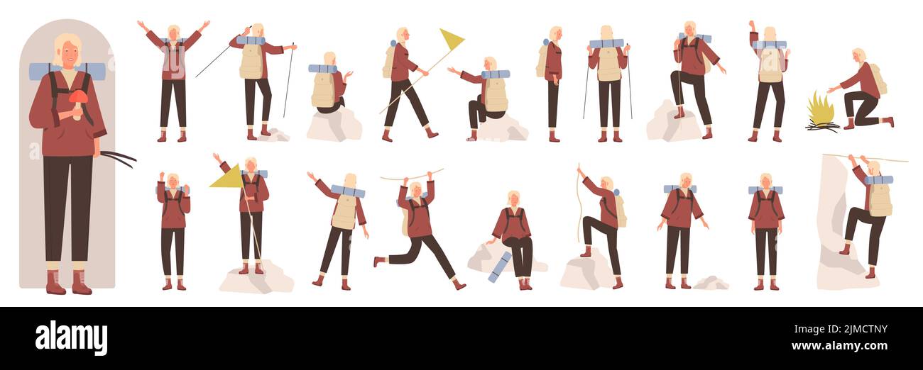 Woman tourist character in different poses set vector illustration ...