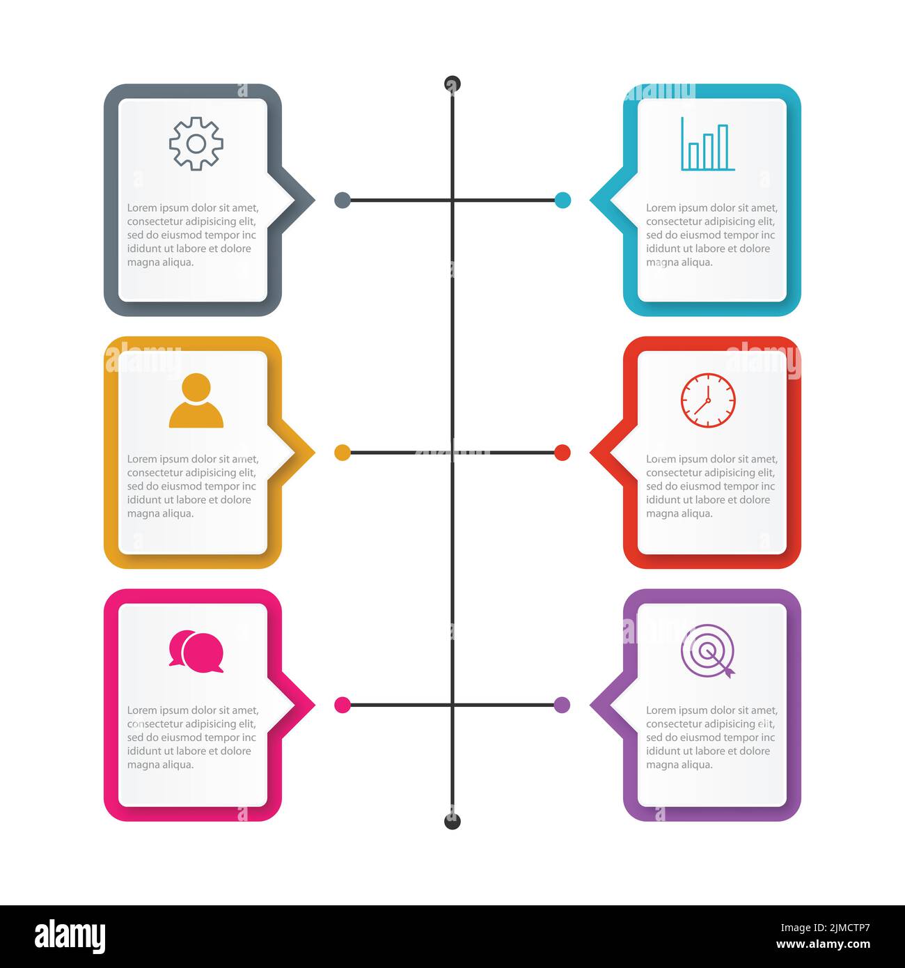 Colorful infographic icons of 6 options connected to each other ...