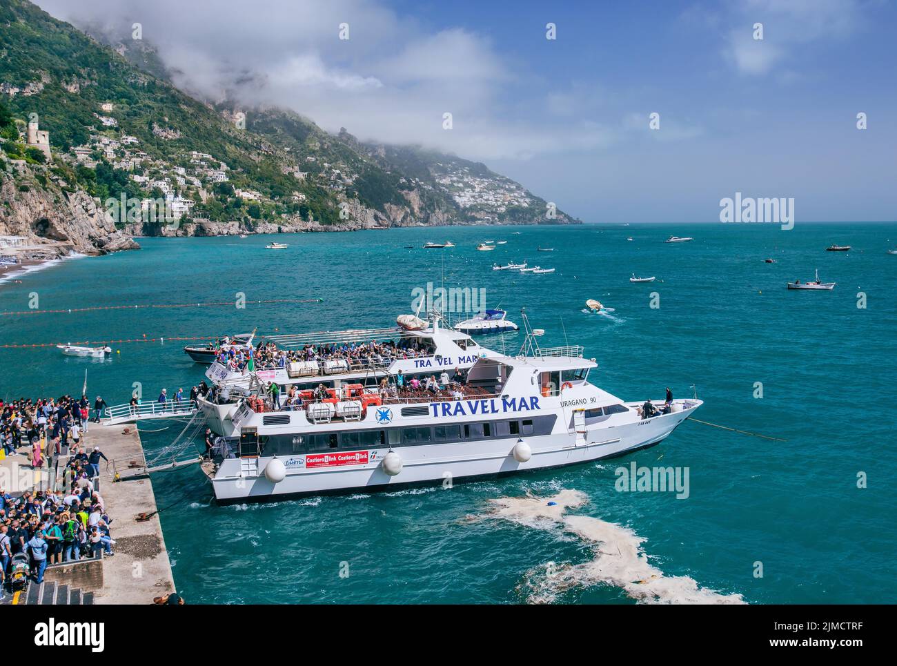 Excursion boats at the jetty, Positano, Amalfi Coast, Gulf of Salerno ...