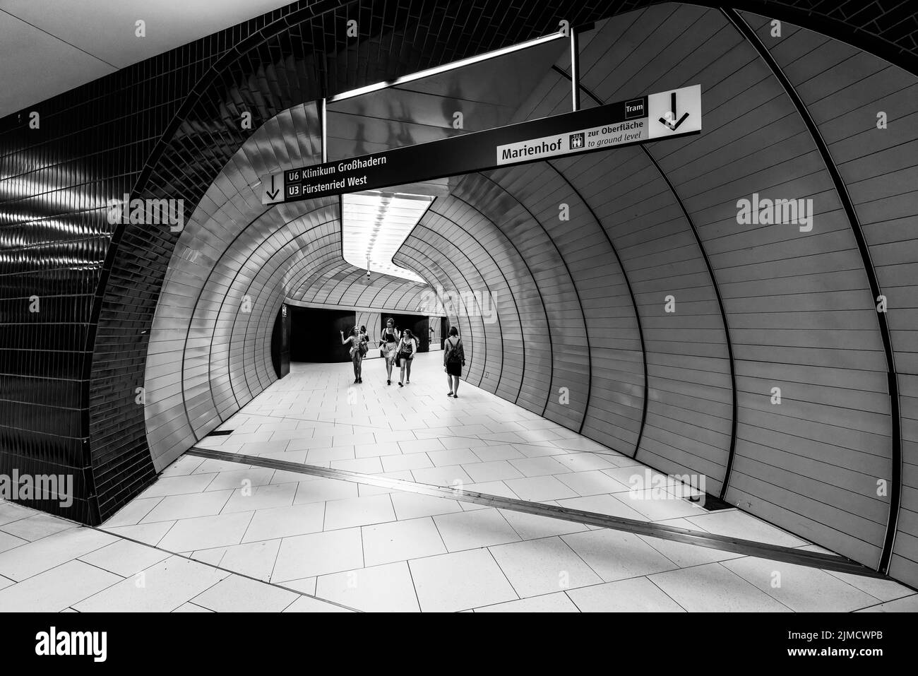 Black and white, tunnel at Marienplatz station, Munich, Bavaria ...
