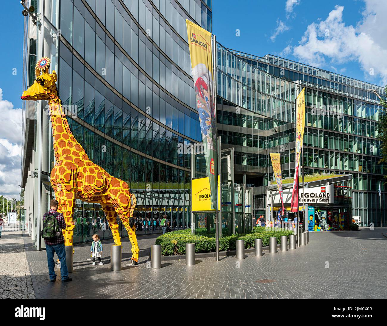 Giraffe made of Lego bricks in front of the entrance to Legoland at the ...