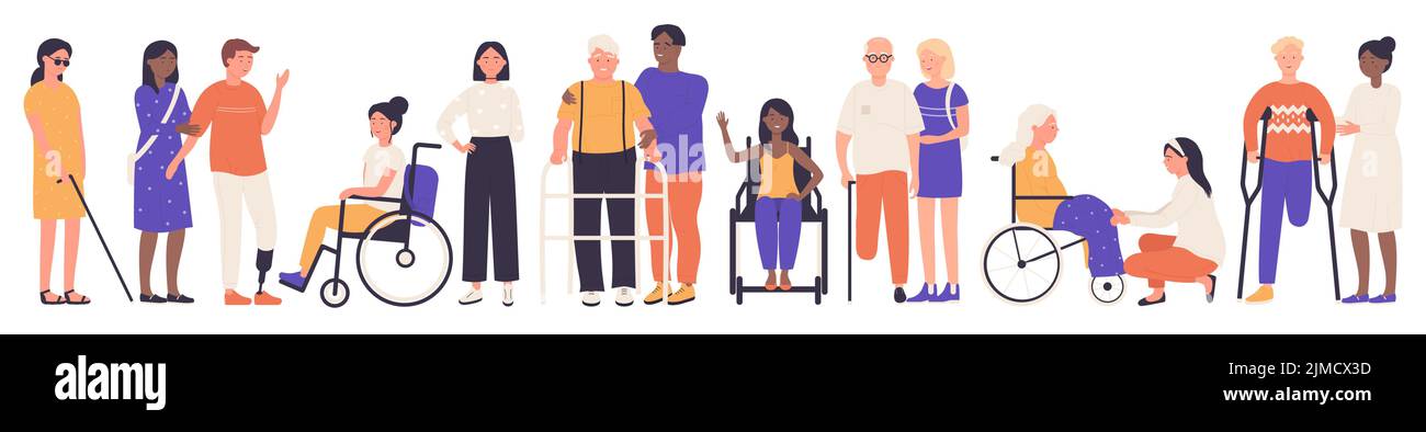 Diverse multiethnic group of old and young people with disabilities set ...