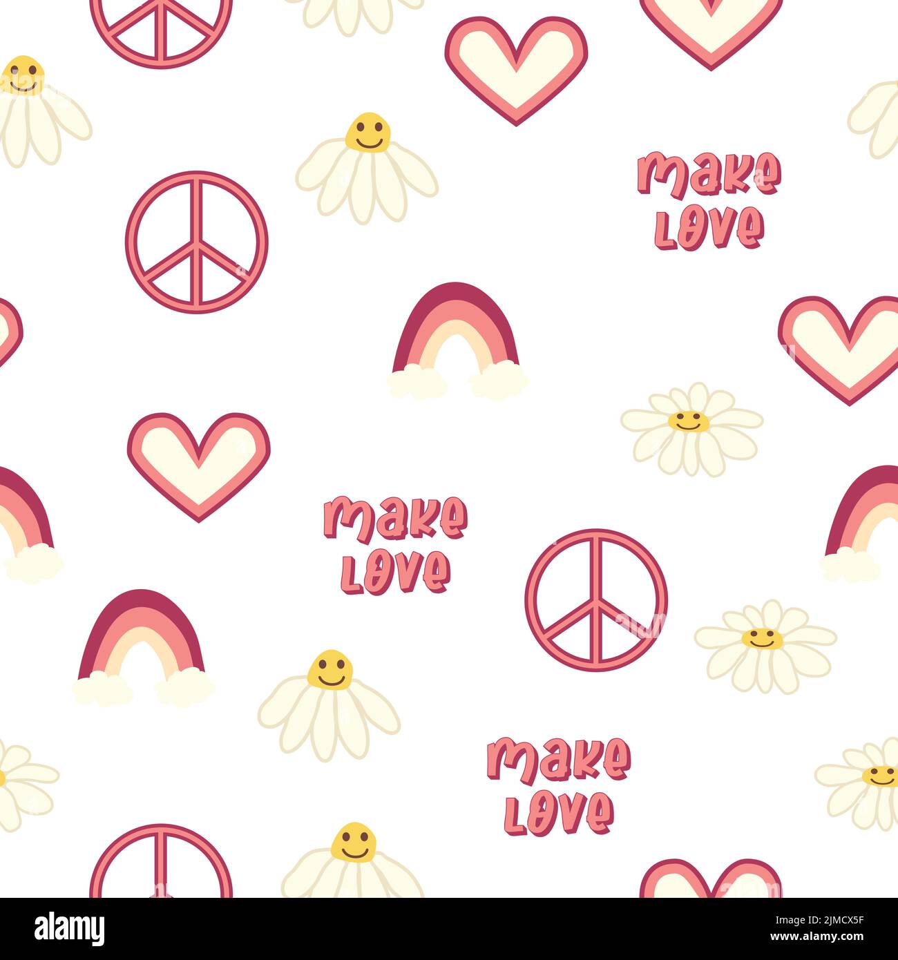 Love heart, peace symbol, rainbow retro 70s seamless pattern. Scattered ...